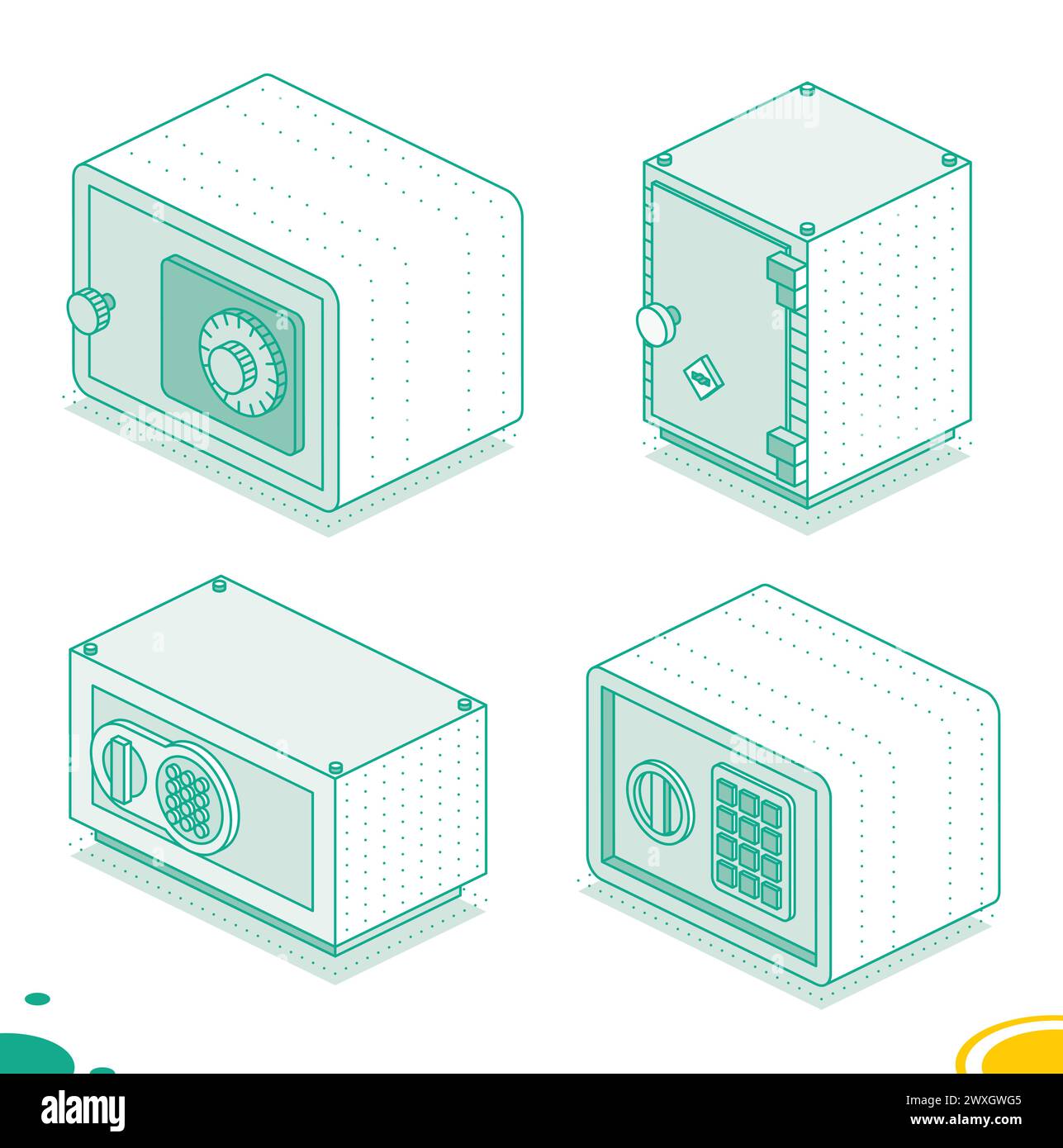 Collection Of Isometric Safes Outline Object Isolated On White Background Vector Illustration