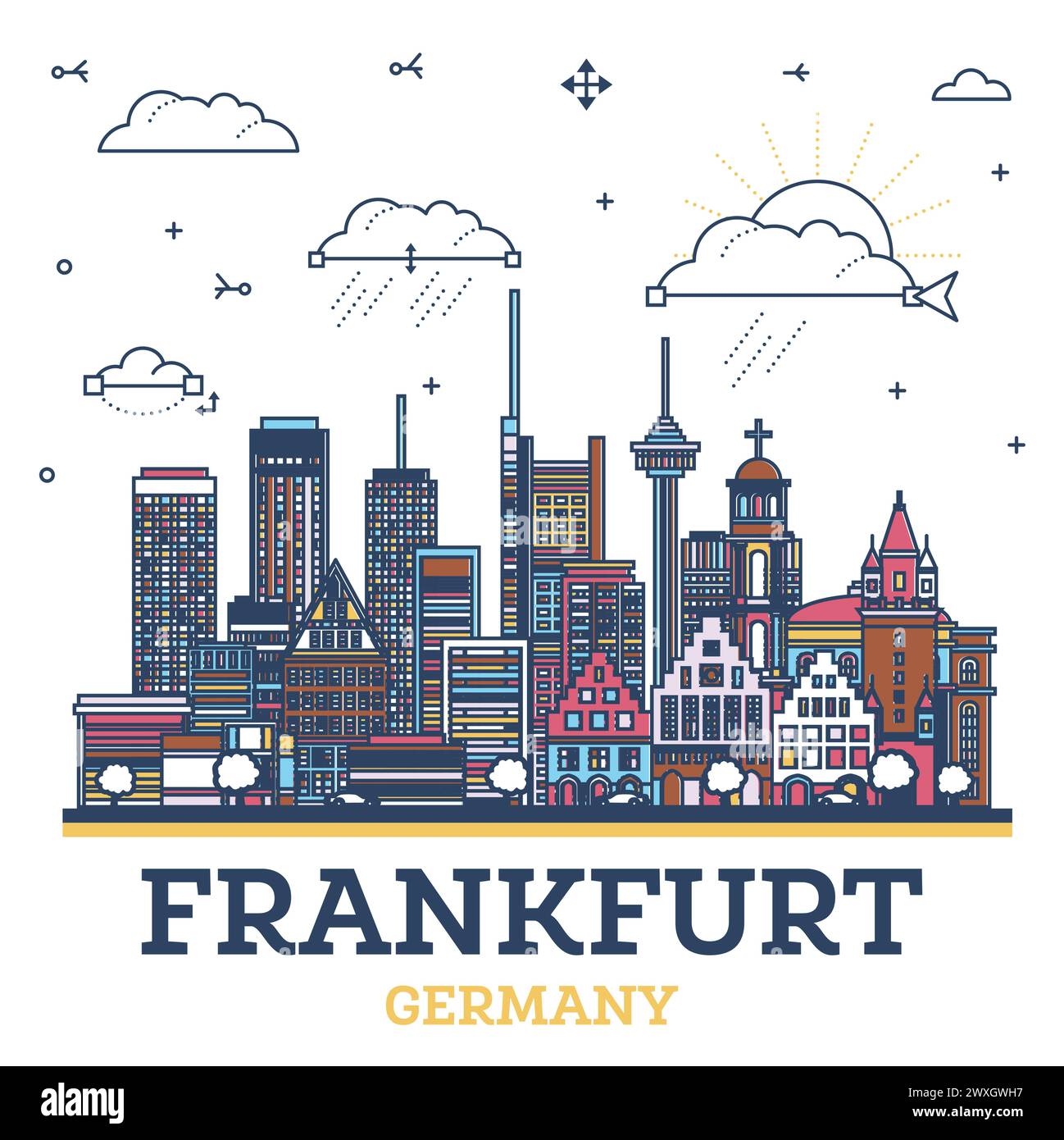Outline Frankfurt Germany City Skyline with Modern Colored Buildings ...