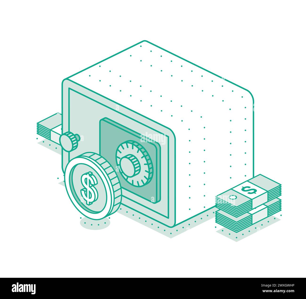 Isometric safe with dollar coin and stacks of american money. Outline ...