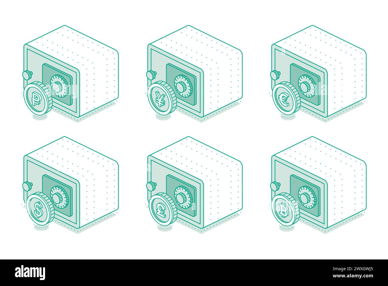 Collection Of Isometric Safes With Different Coins Outline Object Isolated On White Background