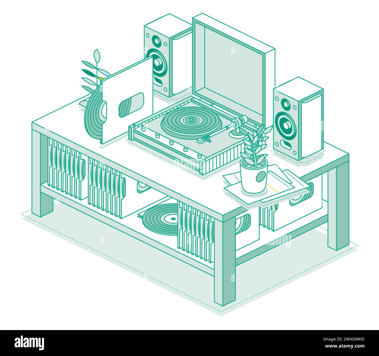 Isometric vinyl LP record player with disk. Table with recorder and two ...