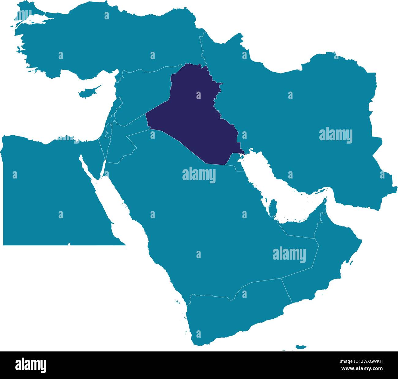 Purple map of IRAQ inside marine blue map of the Middle East Stock ...