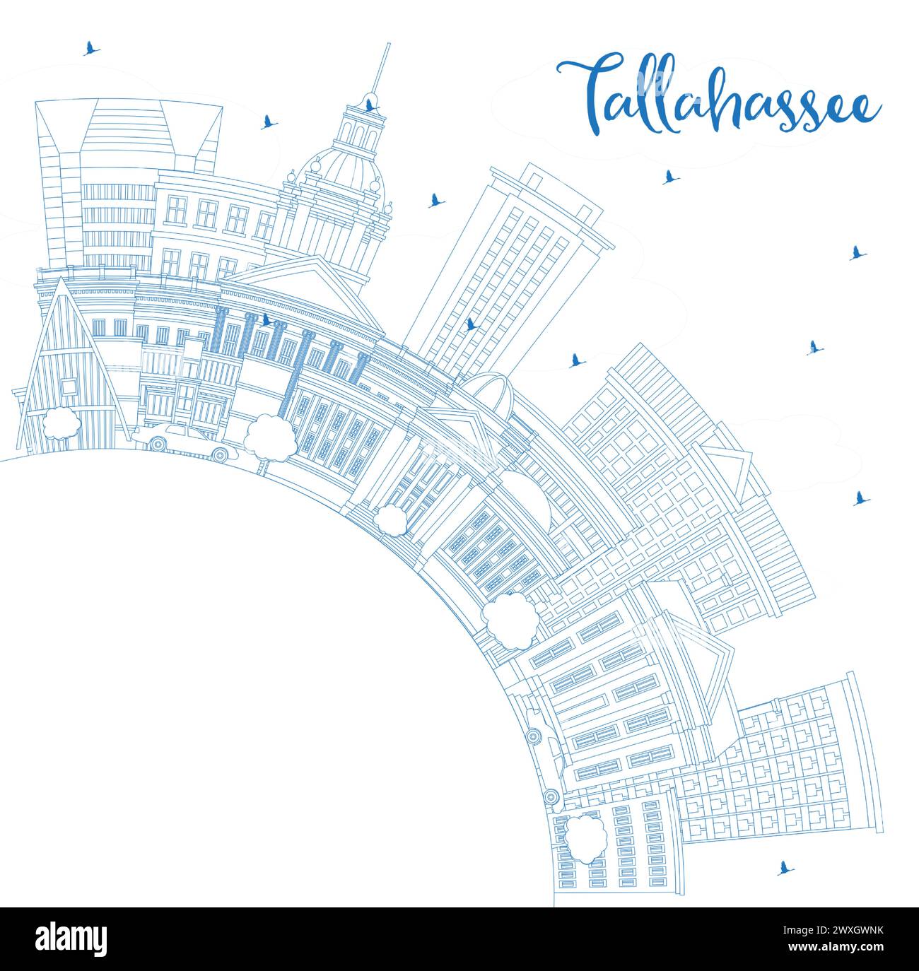 Outline Tallahassee Florida City Skyline with Blue Buildings and Copy ...