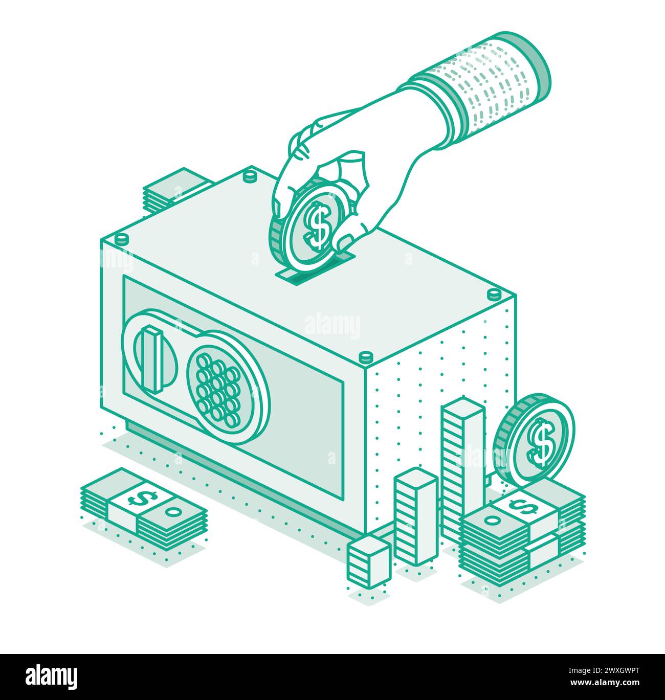 Hand puts money in safe. Isometric concept of savings money. Dollar ...