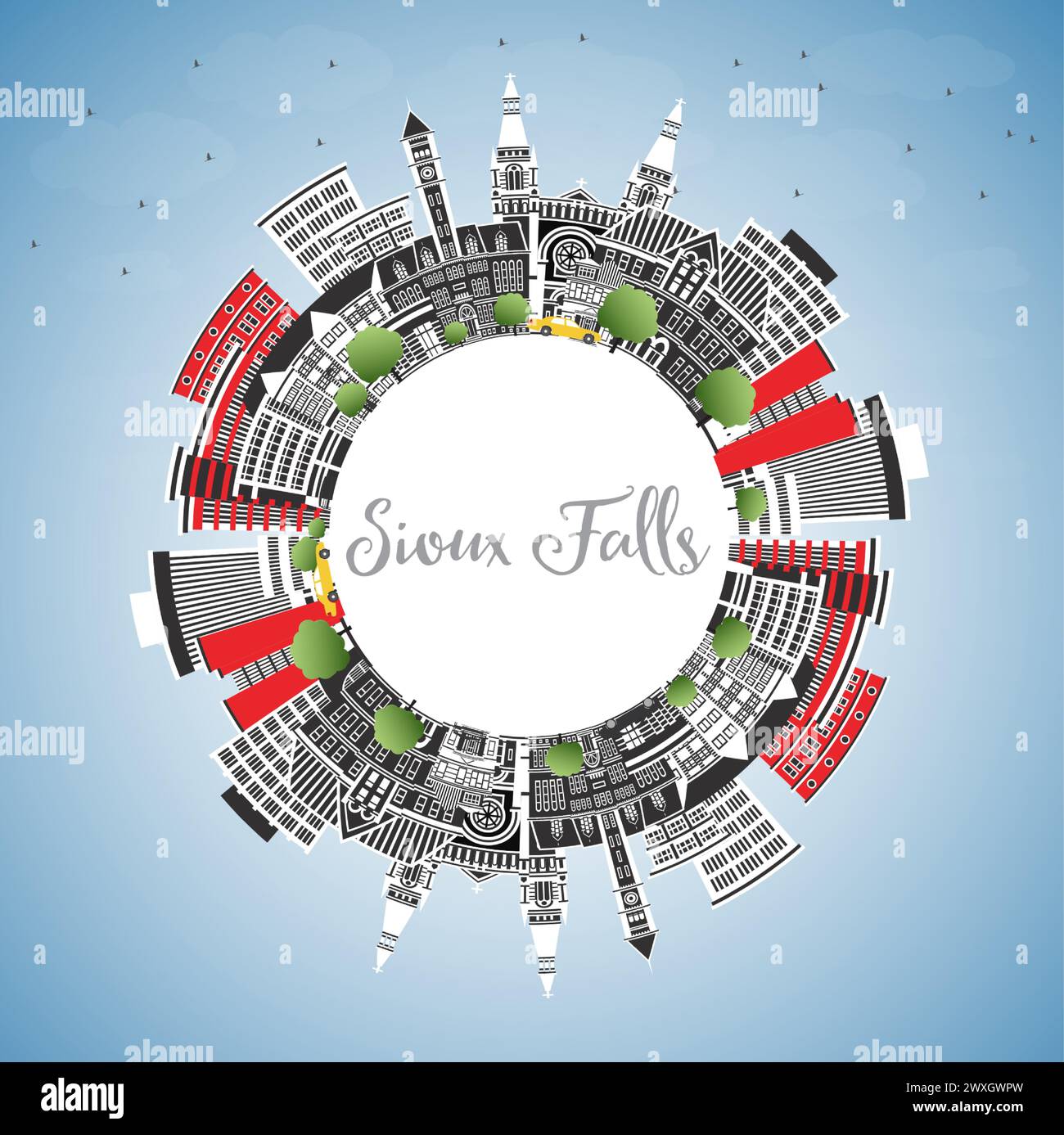 Sioux Falls South Dakota City Skyline with Color Buildings, Blue Sky and Copy Space. Vector ...