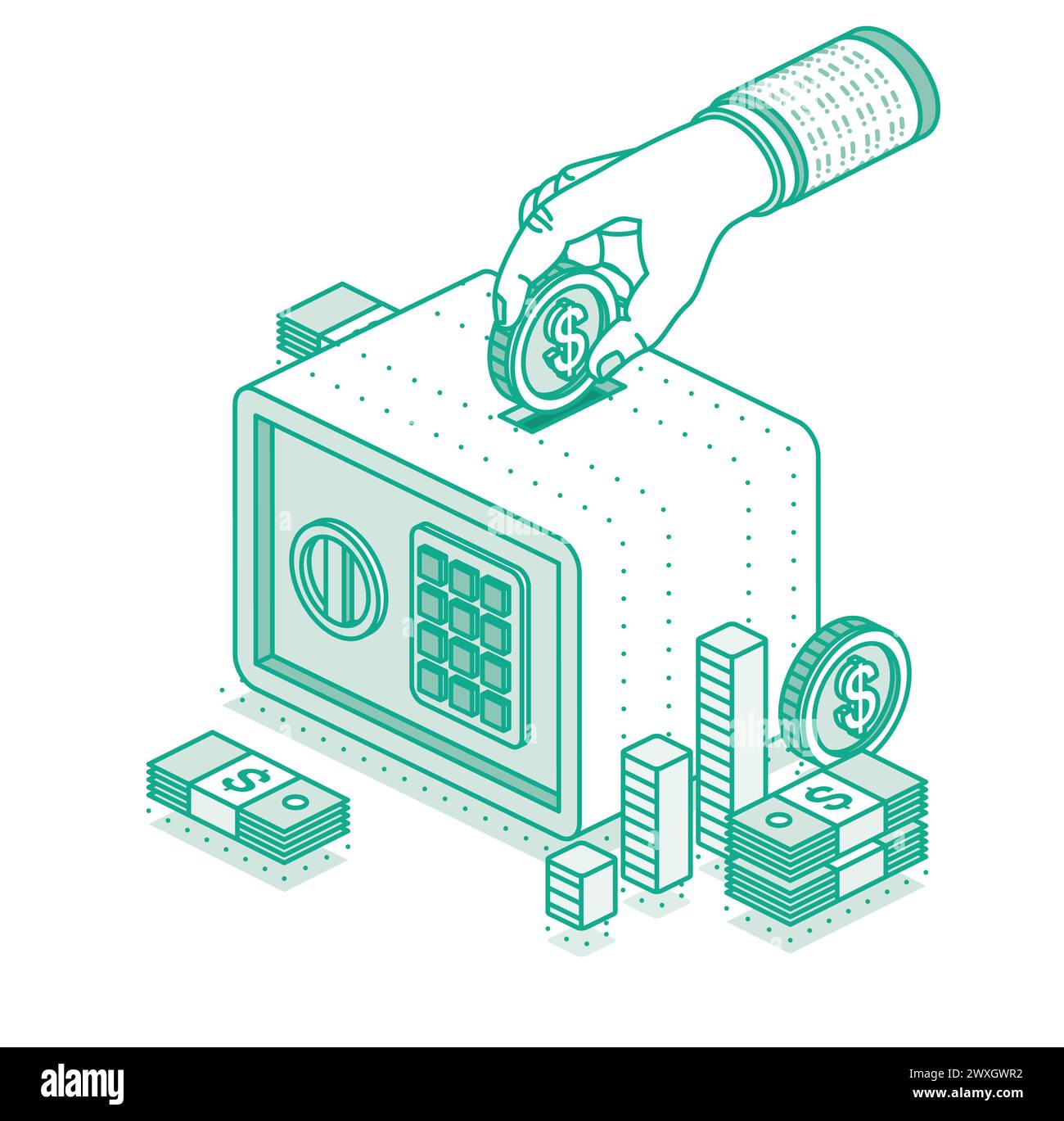 Hand puts money in safe. Isometric concept of savings money. Dollar ...