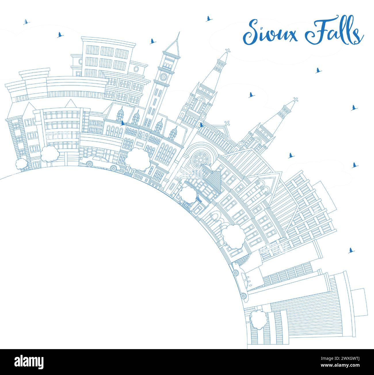 Outline Sioux Falls South Dakota City Skyline with Blue Buildings and Copy Space. Vector ...