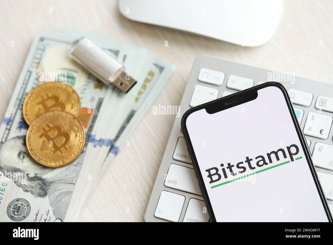 KYIV, UKRAINE - MARCH 15, 2024 Bitstamp logo on iPhone display screen ...