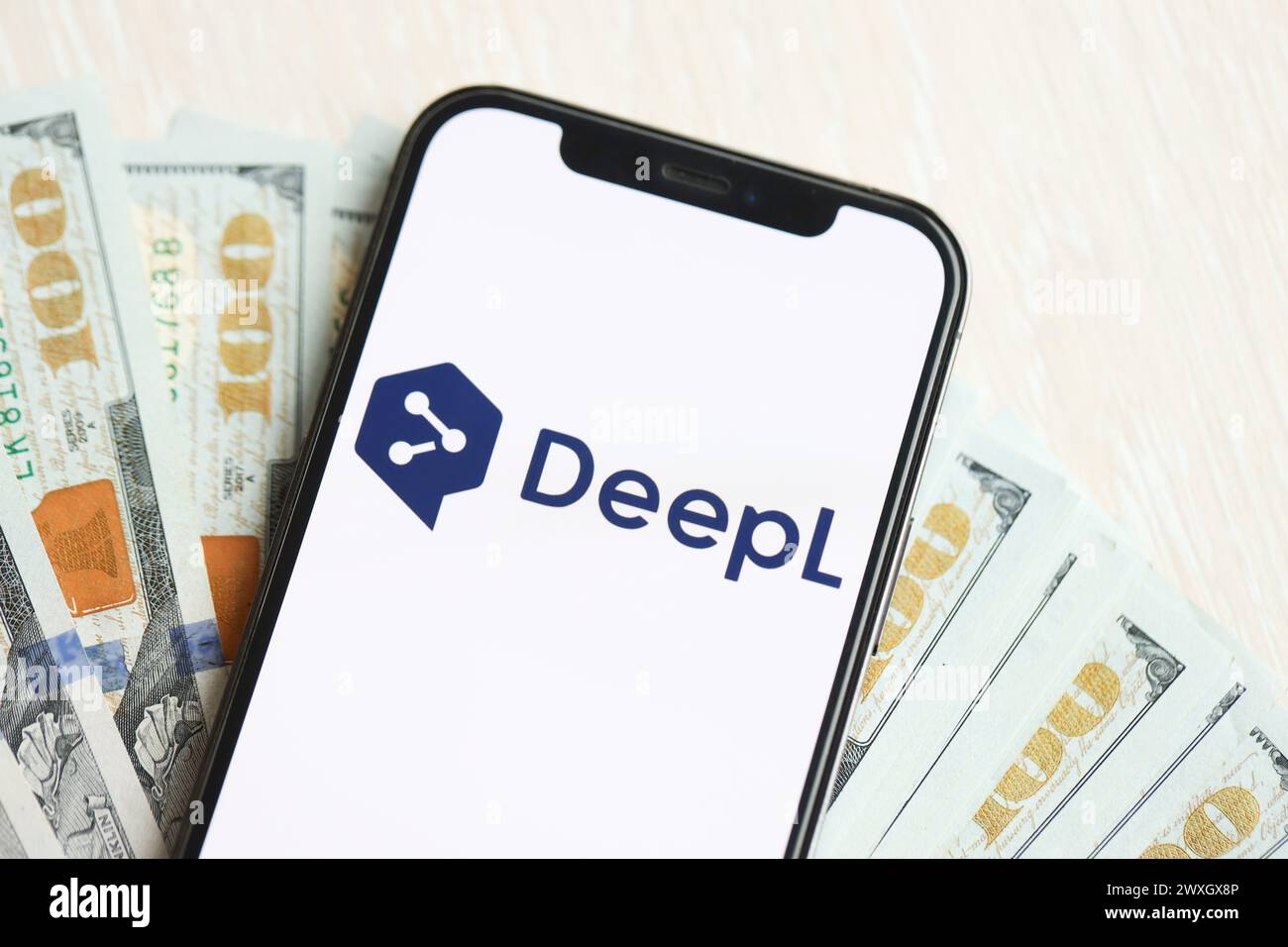 KYIV, UKRAINE - MARCH 17, 2024 DeepL logo on iPhone display screen with ...