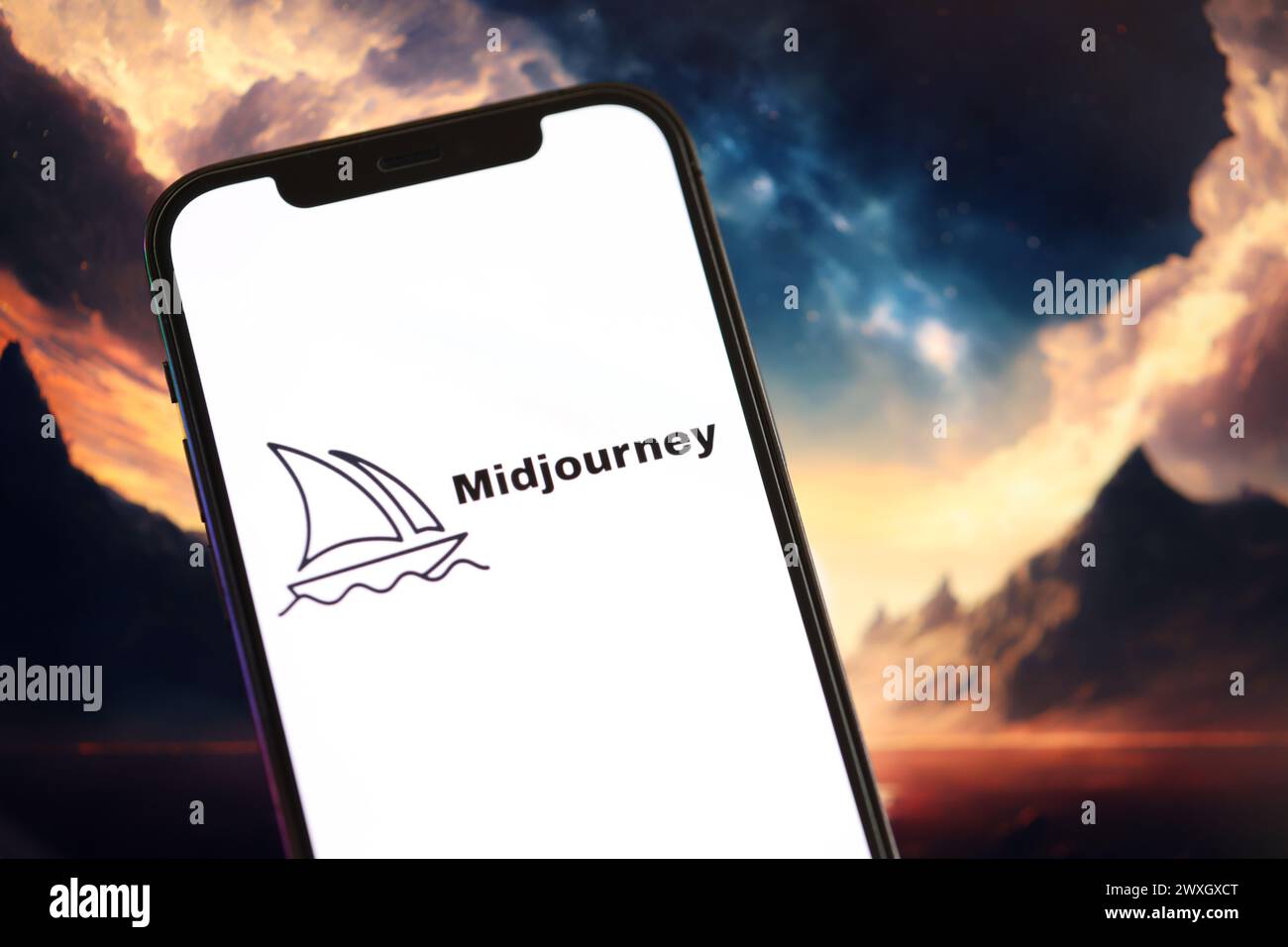 KYIV, UKRAINE - MARCH 17, 2024 Midjourney logo on iPhone display screen ...