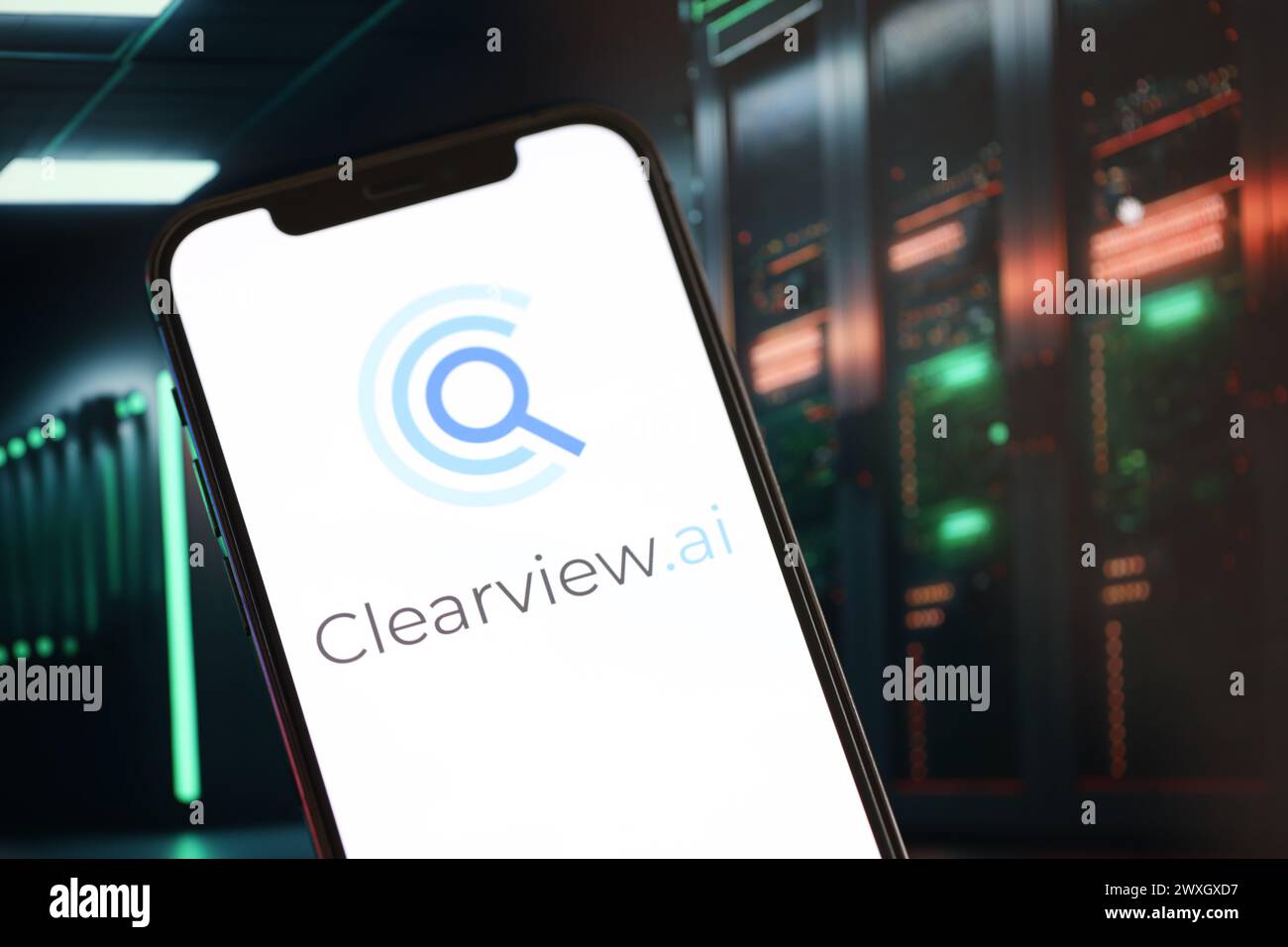 KYIV, UKRAINE - MARCH 17, 2024 ClearView logo on iPhone display screen with background of ...