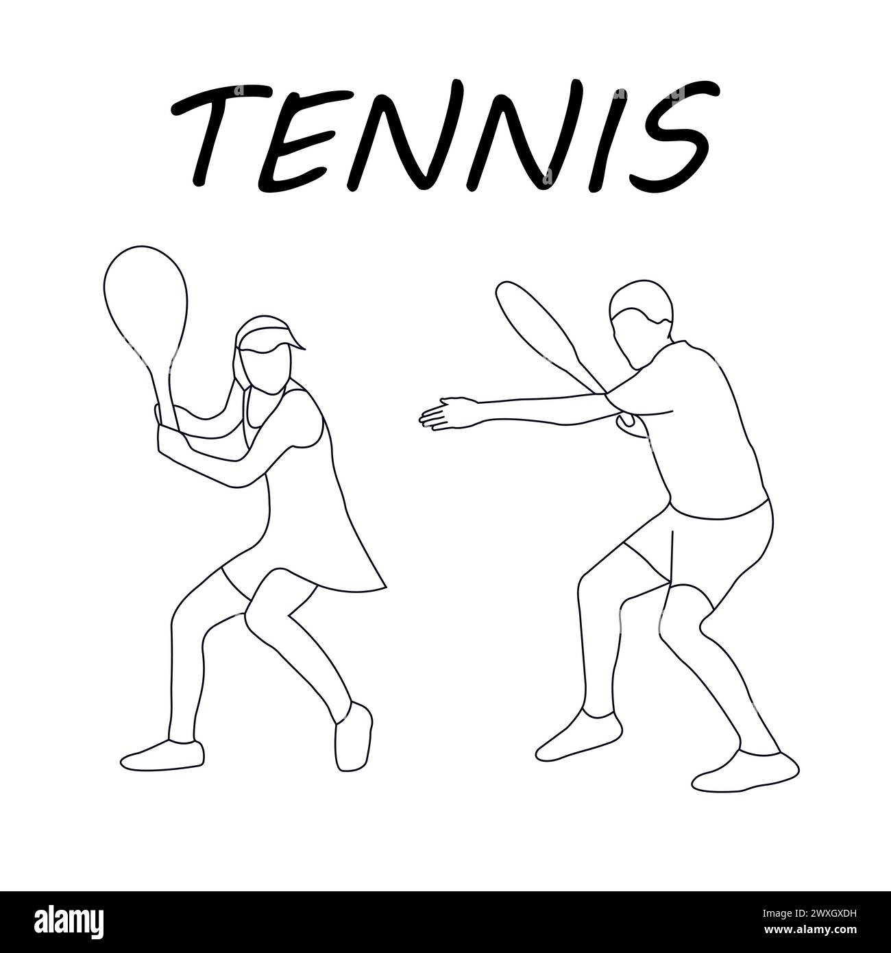 Tennis player and woman tennis player. Outline drawing. Coloring book ...