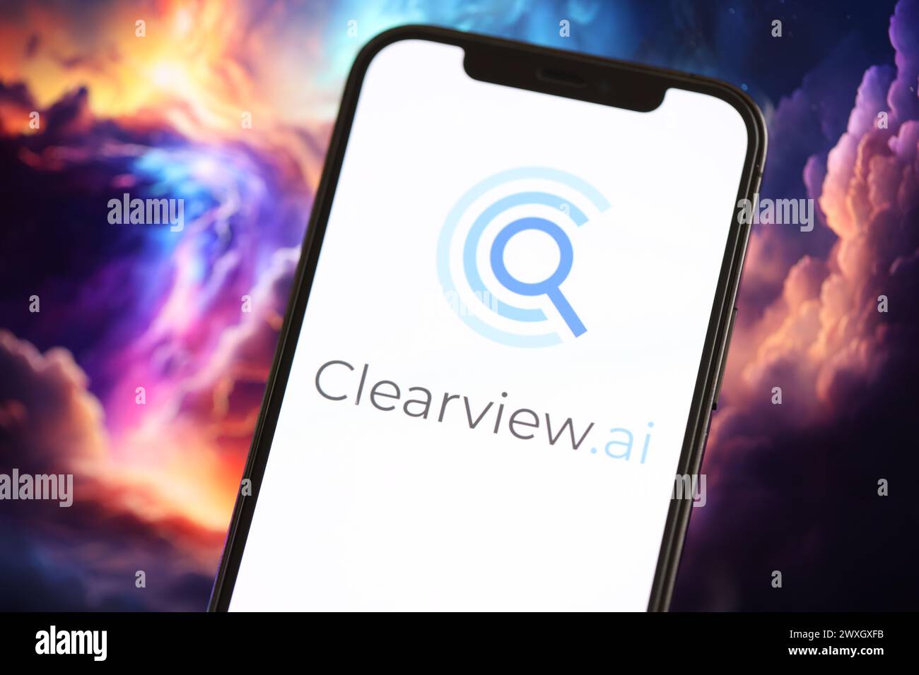 KYIV, UKRAINE - MARCH 17, 2024 ClearView logo on iPhone display screen with background of ...
