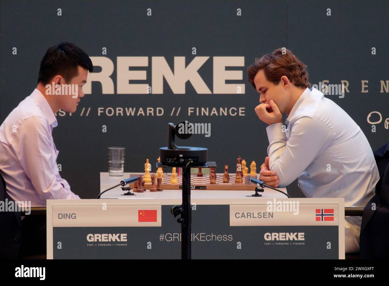 Ding Liren, CHN vs. Magnus Carlsen, NOR, at the Grenke Chess Classic and Open 2024, Karlsruhe ...