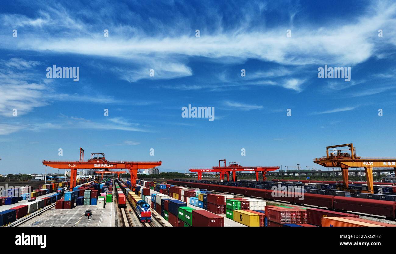 NANCHANG, CHINA - MARCH 31, 2024 - A Central Asian freight train loaded ...