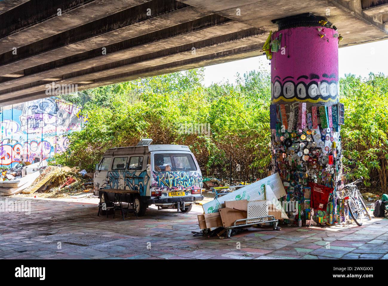 Found objects street art under an overpass of the East Cross Route in ...