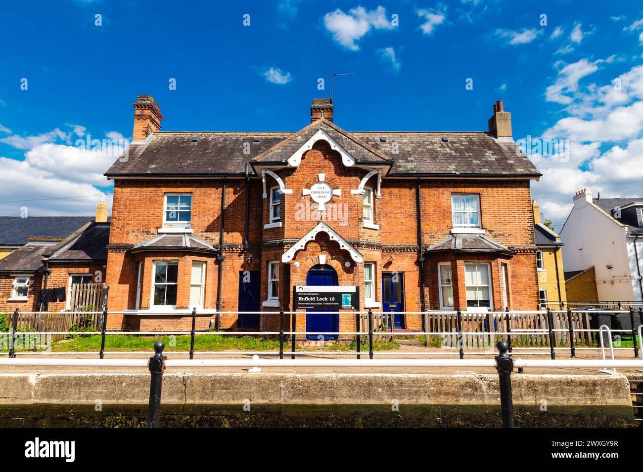 Enfield Lock on the River Lee Navigation canal and Lock House (1889 ...