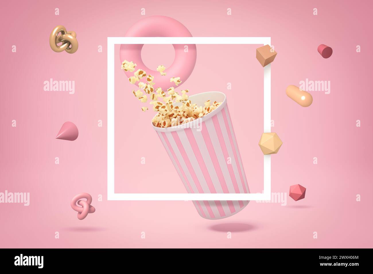 3d rendering popcorn bucket with random objects on pink background ...