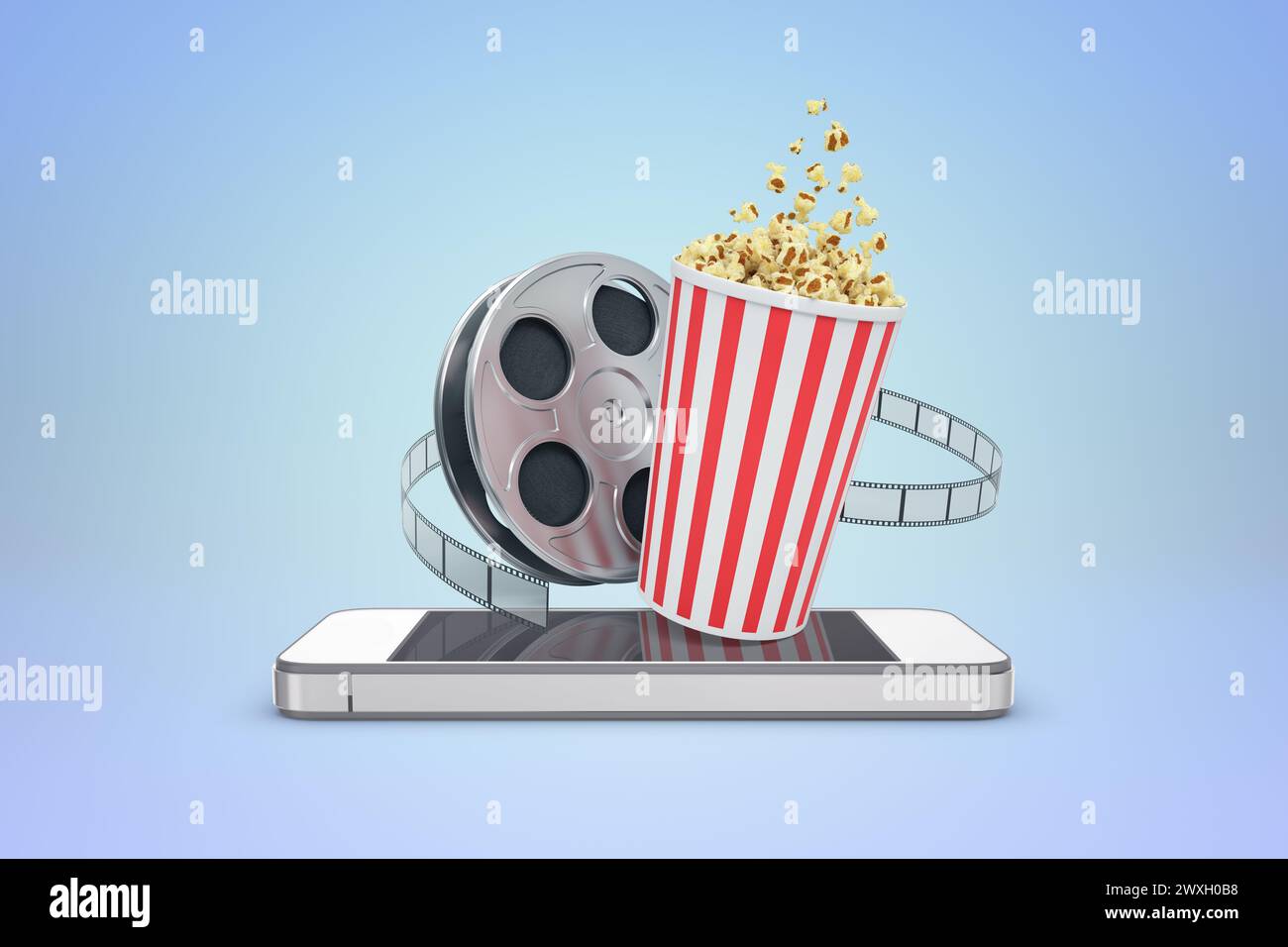 Smartphone with film reel and popcorn concept Stock Photo - Alamy
