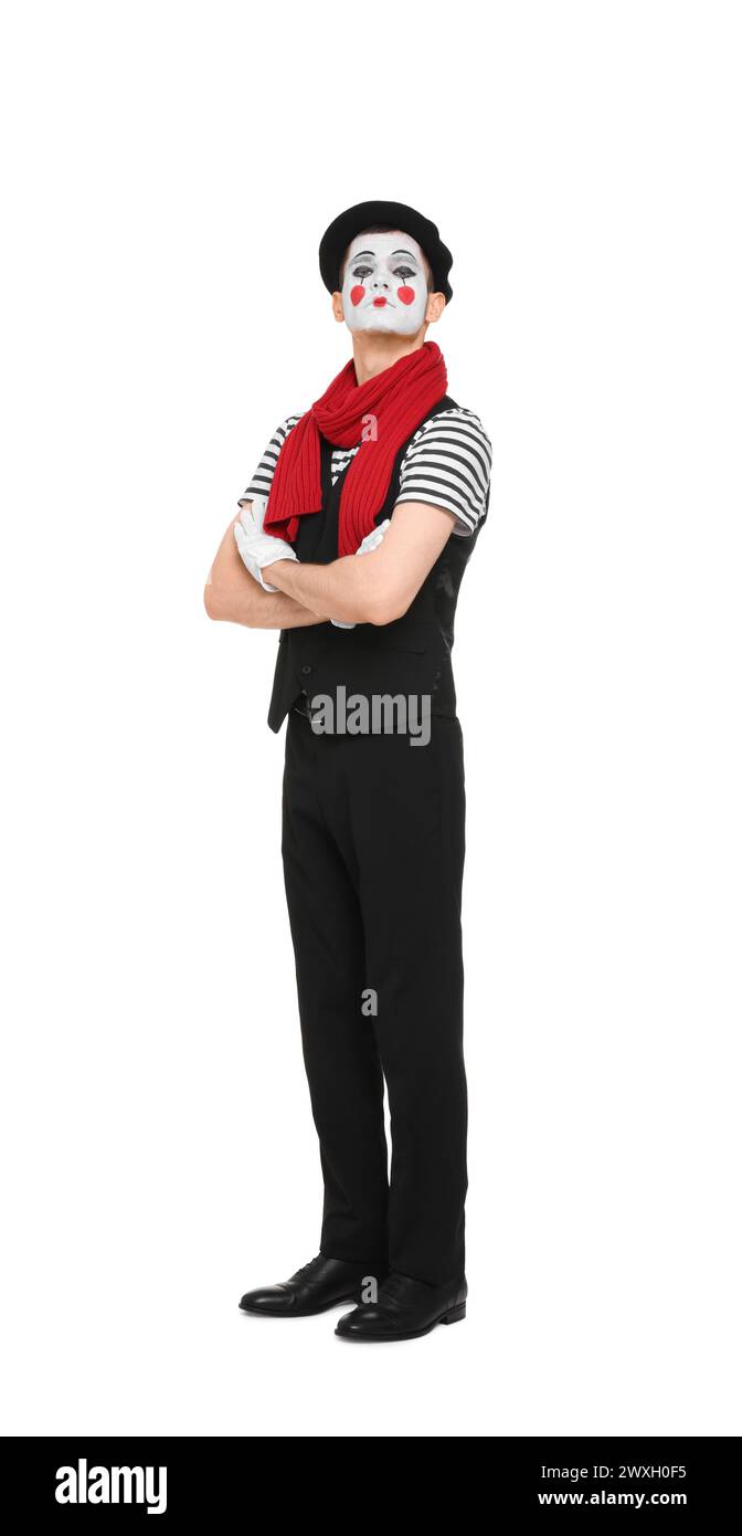 Funny mime artist in beret posing on white background Stock Photo - Alamy