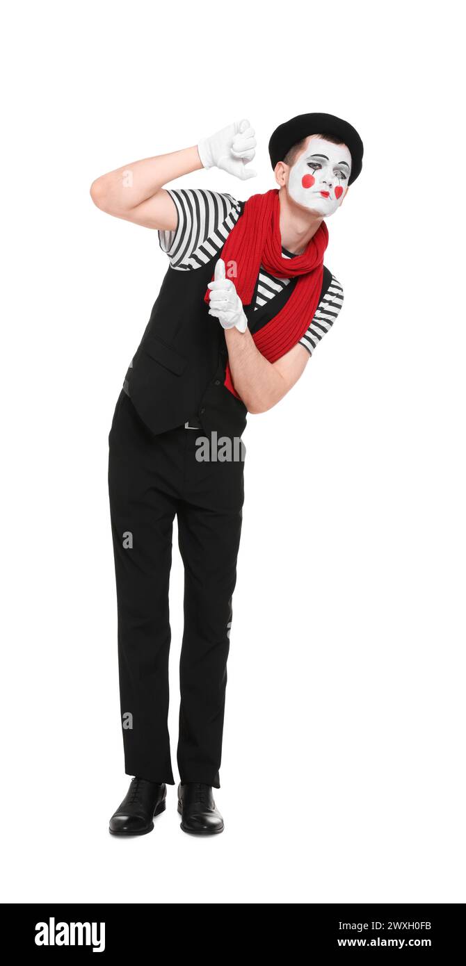 Funny mime artist in beret posing on white background Stock Photo - Alamy