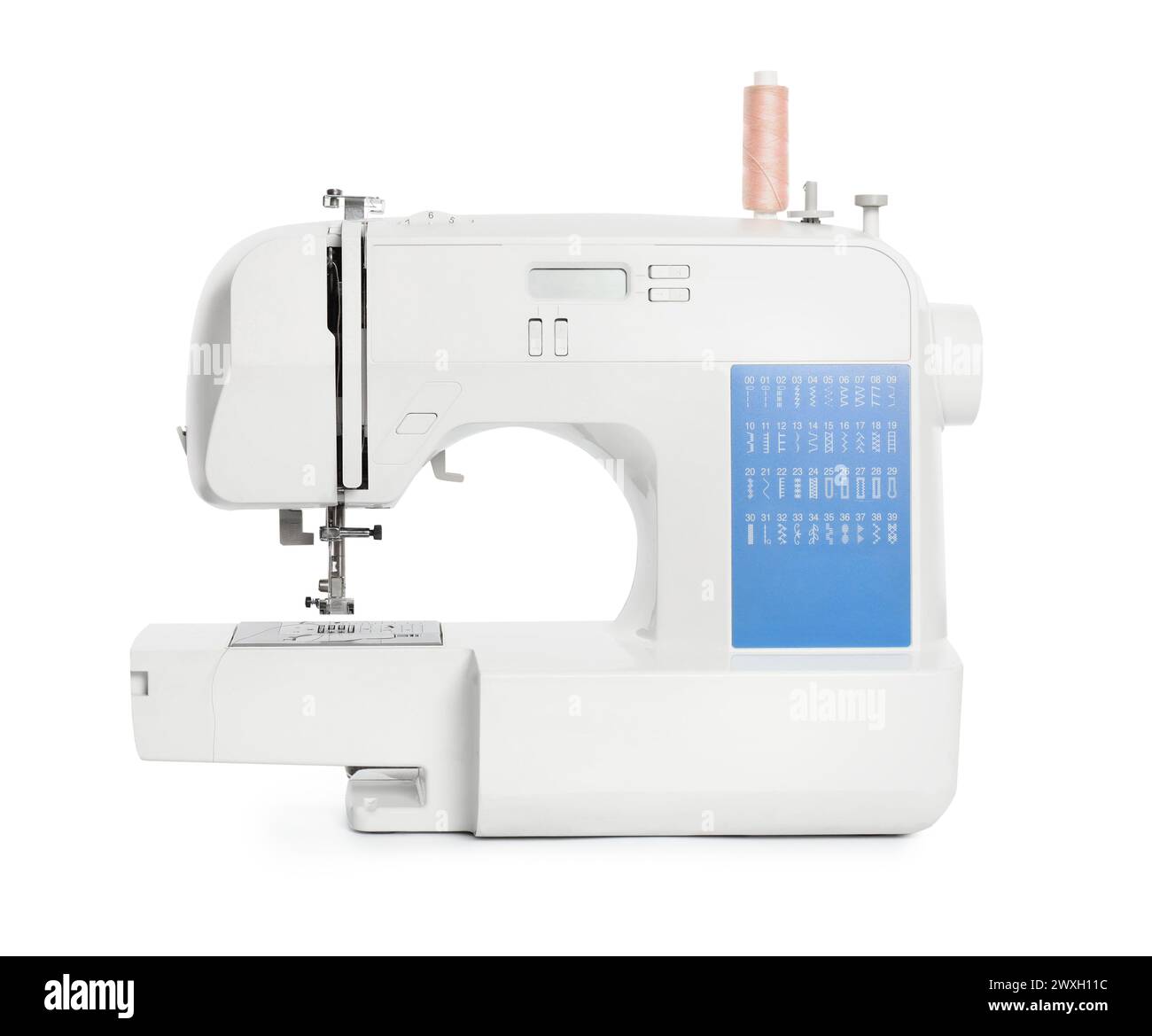Modern sewing machine with pink thread isolated on white Stock Photo ...