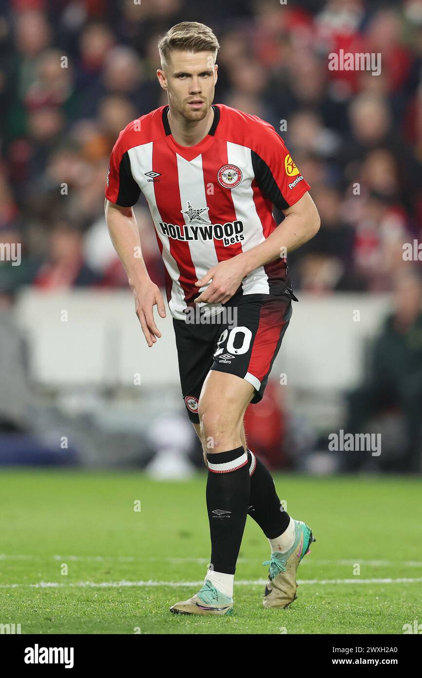 London, UK. 30th Mar, 2024. Kristoffer Ajer of Brentford during the ...
