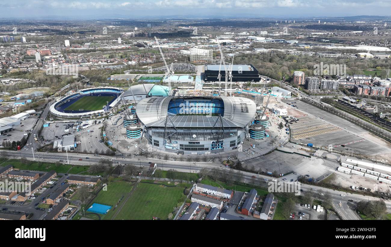 Manchester, UK. 31st Mar, 2024. An aerial view of the Etihad Stadium ...