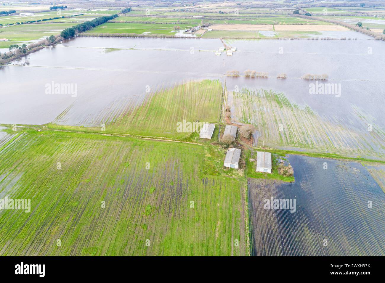 drone aerial view of flooded agricultural fields after spring rains ...