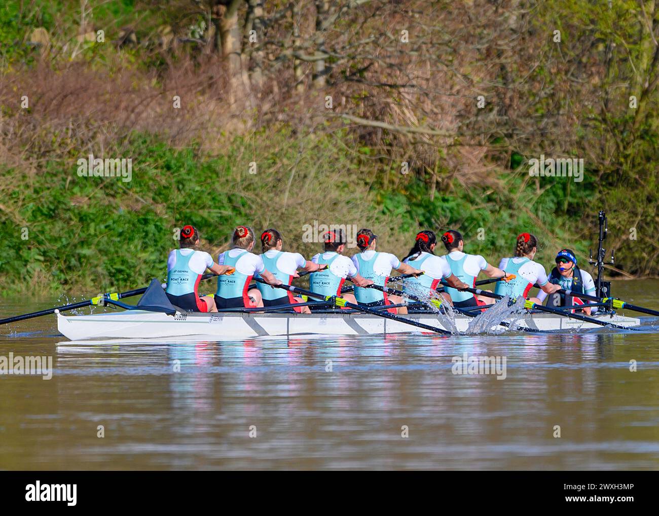 Saturday, March 30th 2024 Oxford/Cambridge Boat Race. Cambridge women's squad approaching the ...
