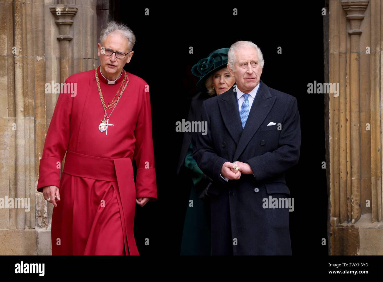 King Charles III and Queen Camilla following the Easter Mattins Service ...