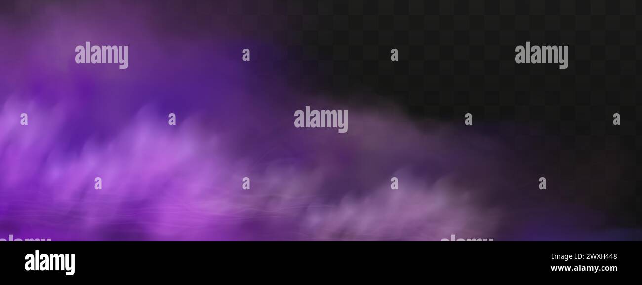 Realistic neon magic mist steam on a transparent dark background.Scary ...