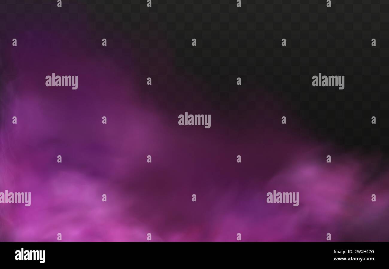 Realistic neon magic mist steam on a transparent dark background.Scary ...