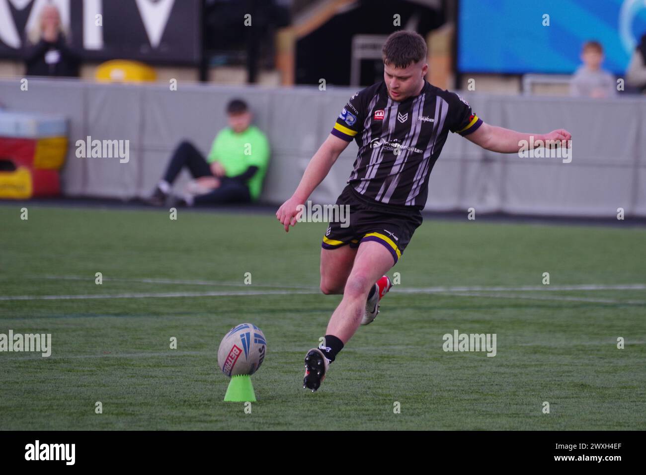 Newcastle upon Tyne, 30 March 2024. Jack Potter kicking a conversion ...