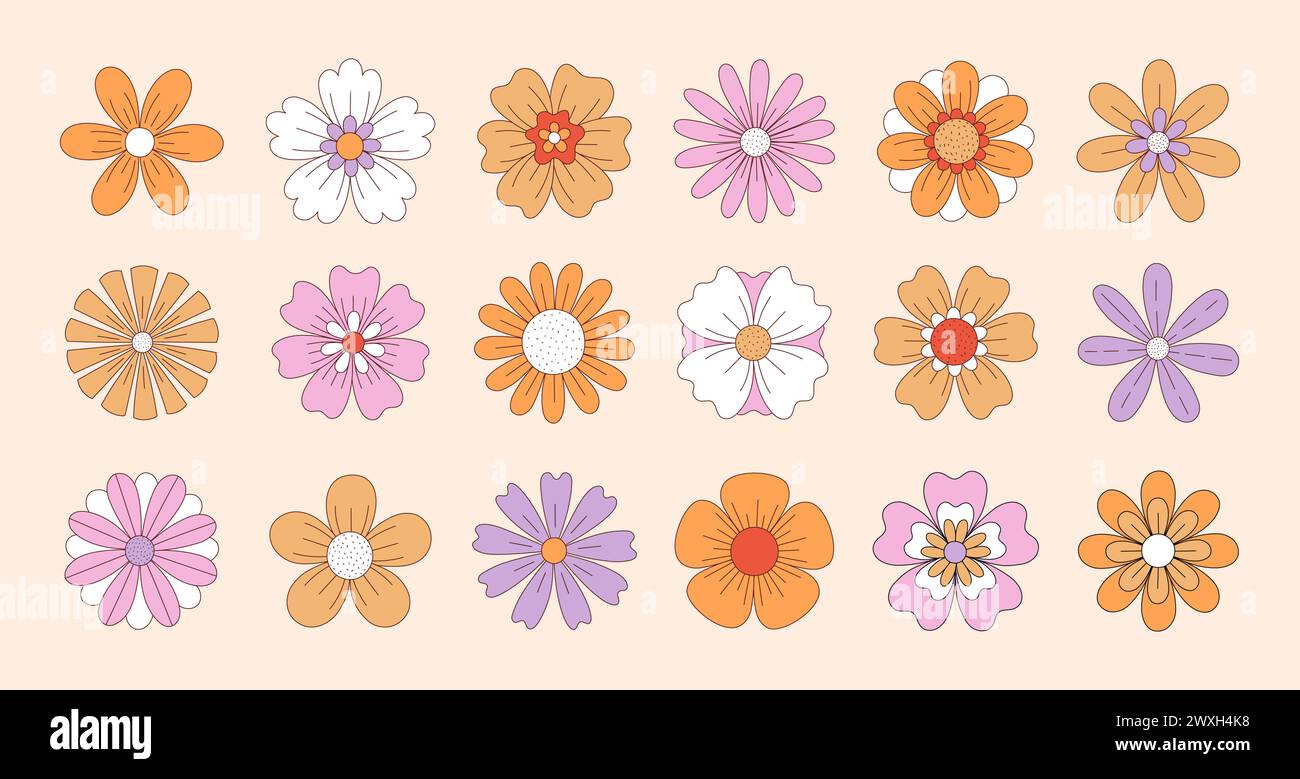 Collection of groovy hippie flowers in retro 1970s style. Vintage hand ...