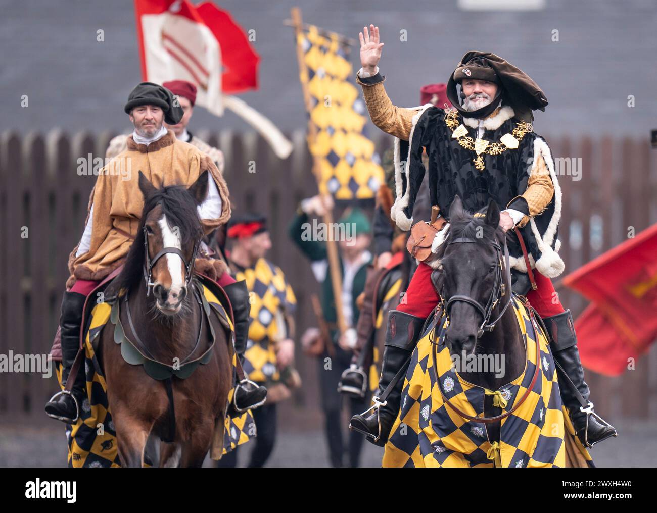 Participants take part in the International Jousting Tournament at the Royal Armouries Museum in ...