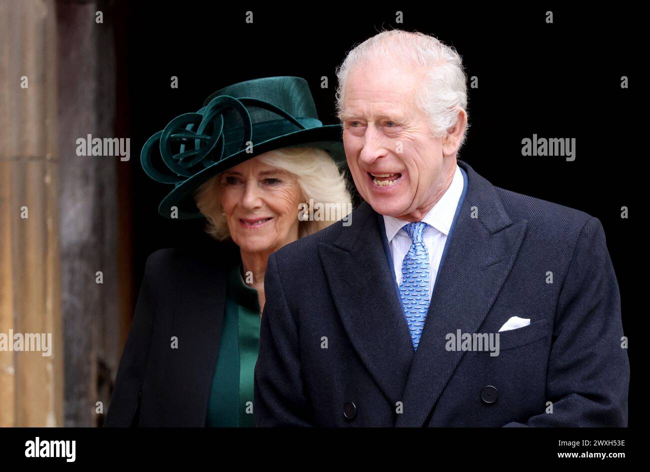 King Charles III and Queen Camilla following the Easter Mattins Service ...