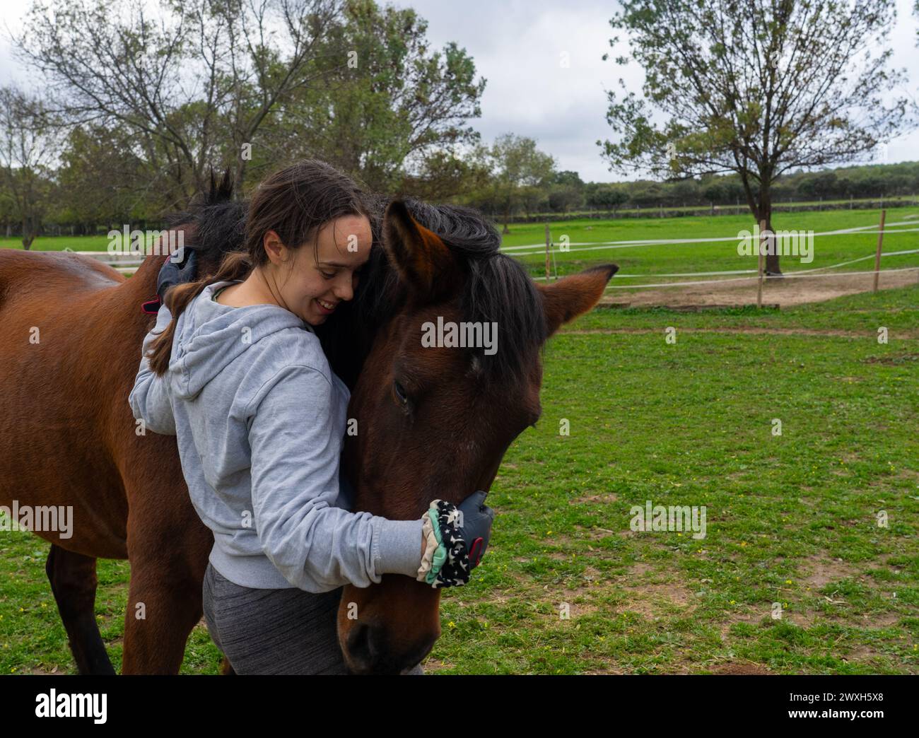 Woman hugging a horse in nature Stock Photo - Alamy