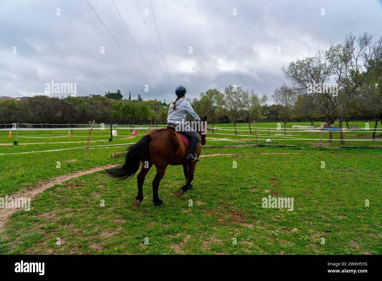Woman riding a horse in a riding center Stock Photo - Alamy