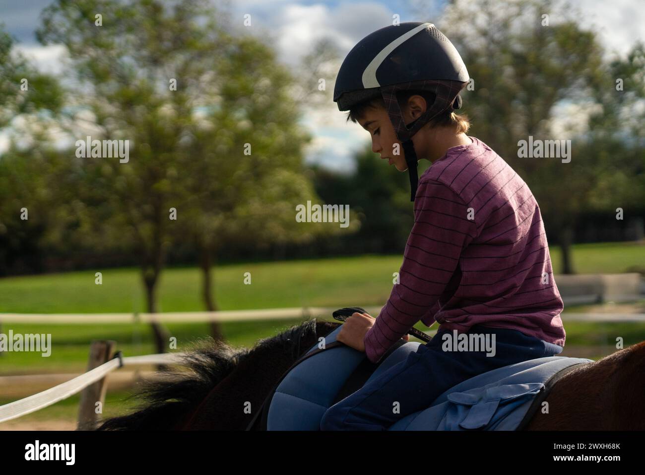 Child learning to ride a horse Stock Photo - Alamy