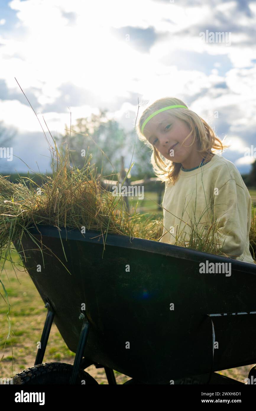 Child on a farm school riding a wheelbarrow Stock Photo - Alamy