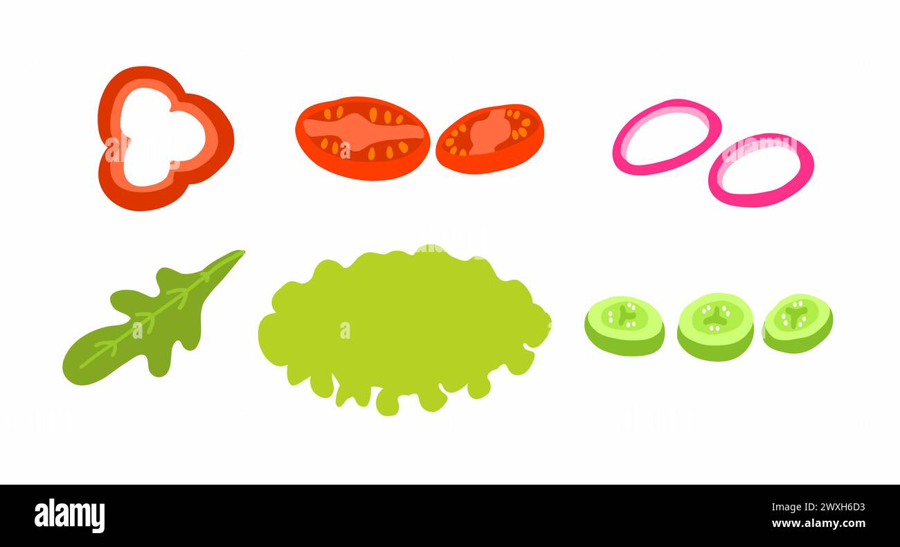 Collection of vegetables ingredients for burger and sandwich in cartoon ...