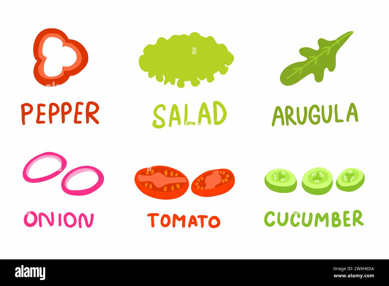 Set of vegetables ingredients for burger with names in cartoon flat ...