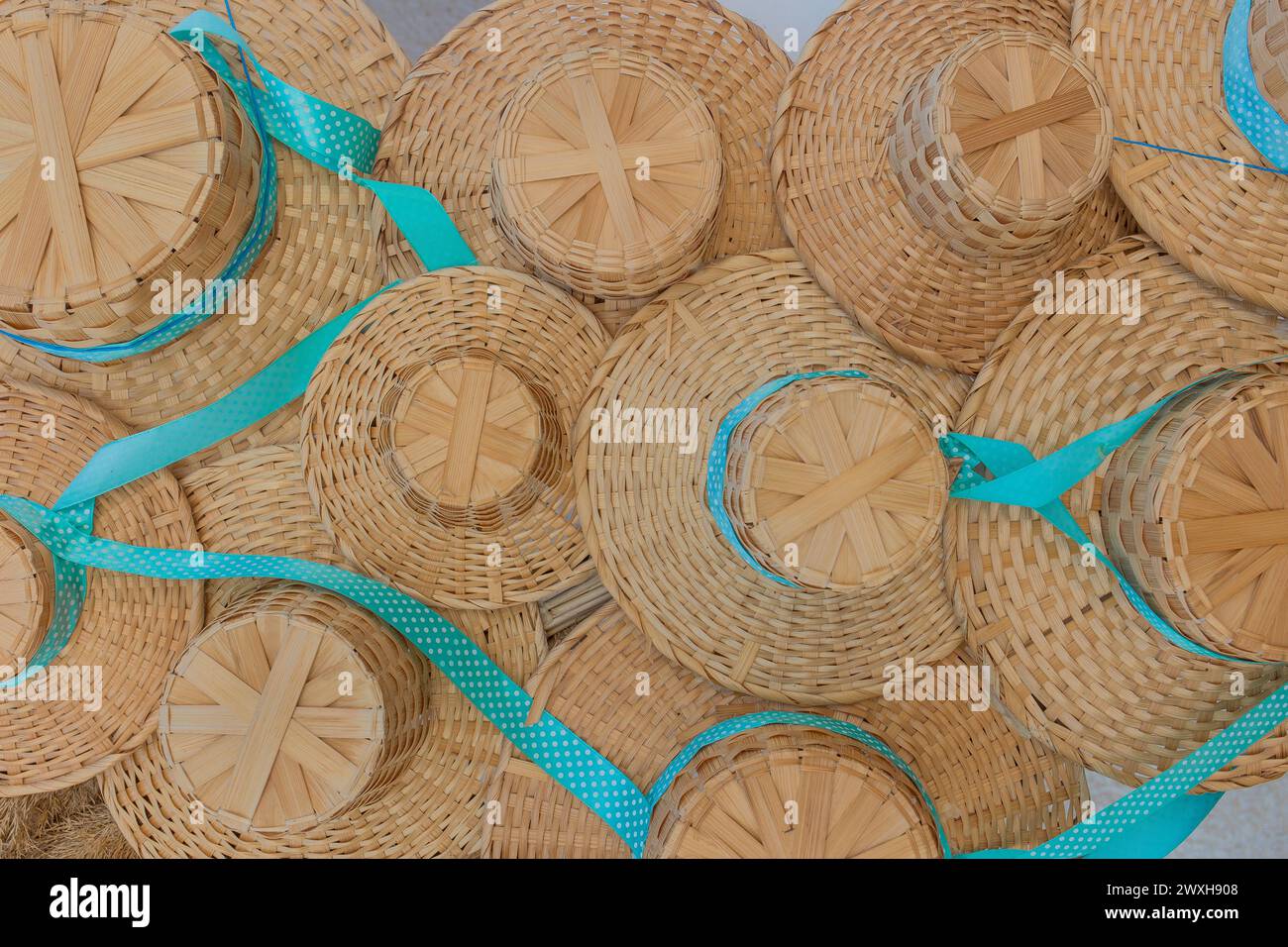 Set of brown straw hats summer headdress object background head Stock ...