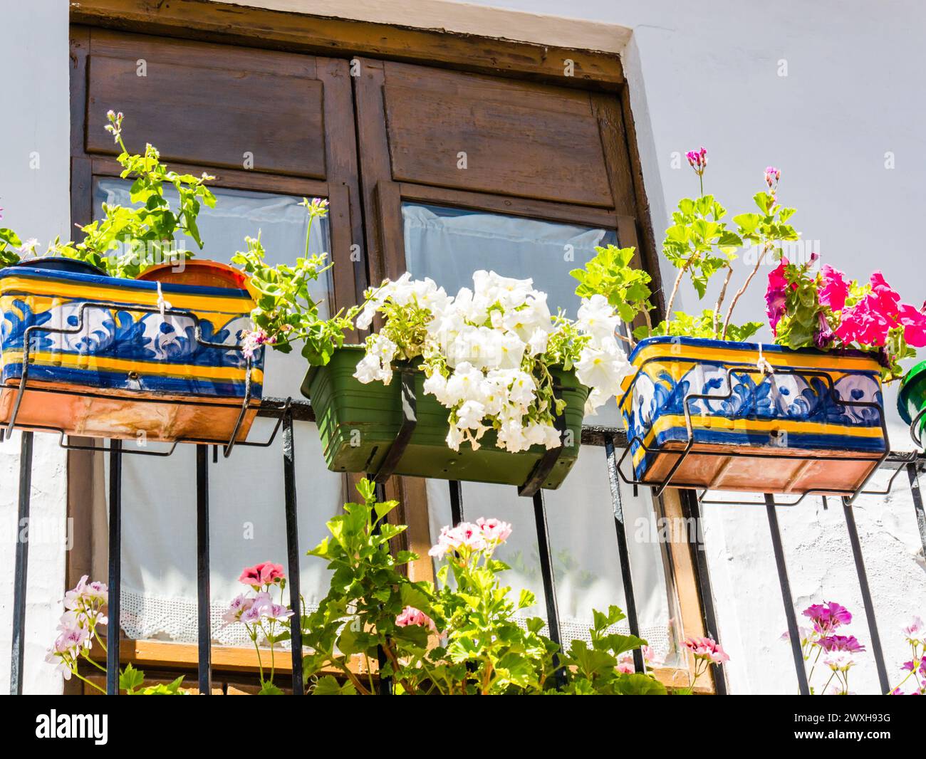 Floral arrangements in suspended planters on a balcony railing Stock ...