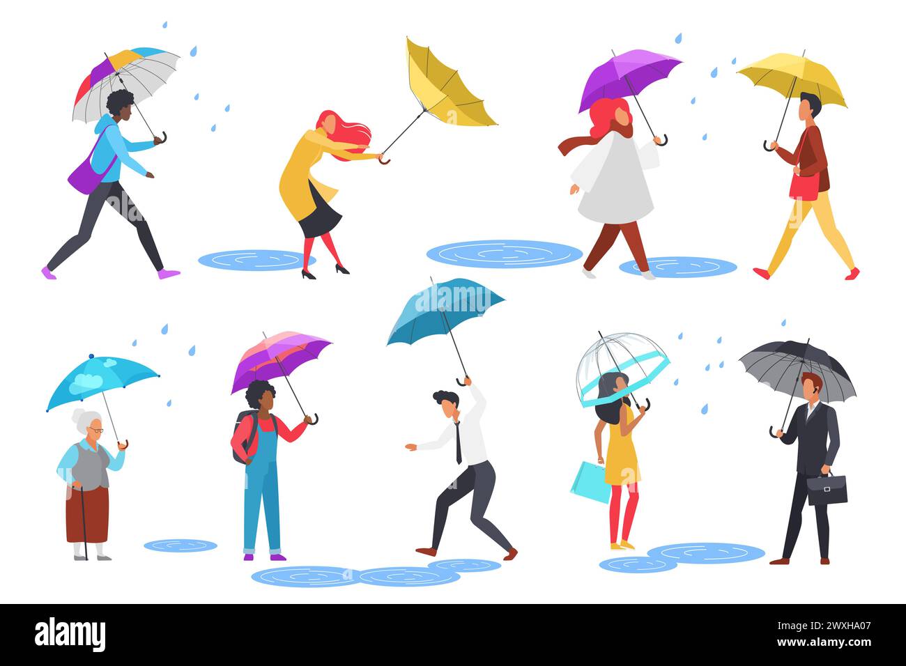 People walk in rain with umbrellas set. Male and female characters ...