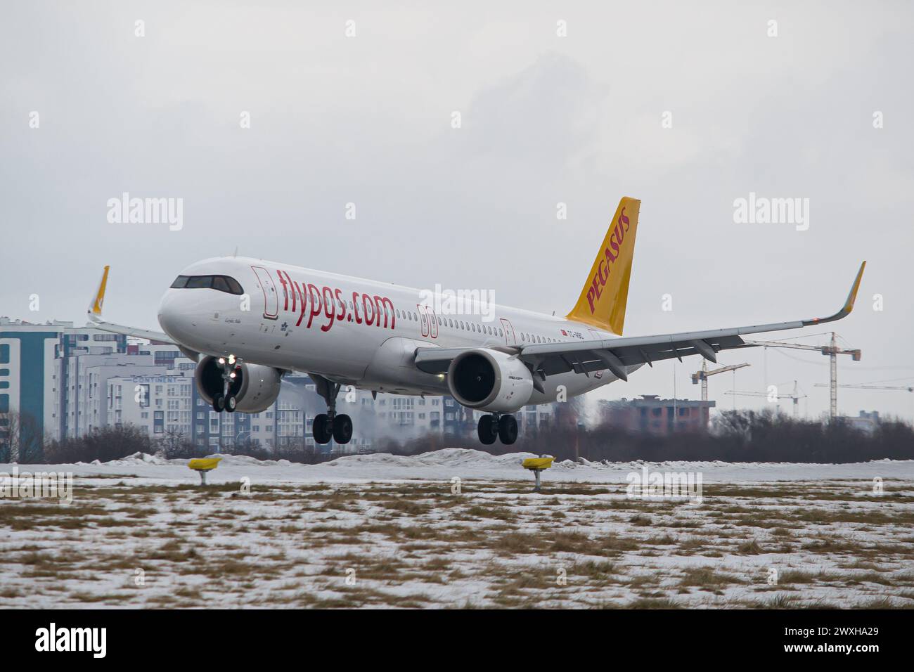 Turkish low-cost airline's Pegasus Airlines Airbus A321 NEO landing at Lviv after a flight from ...
