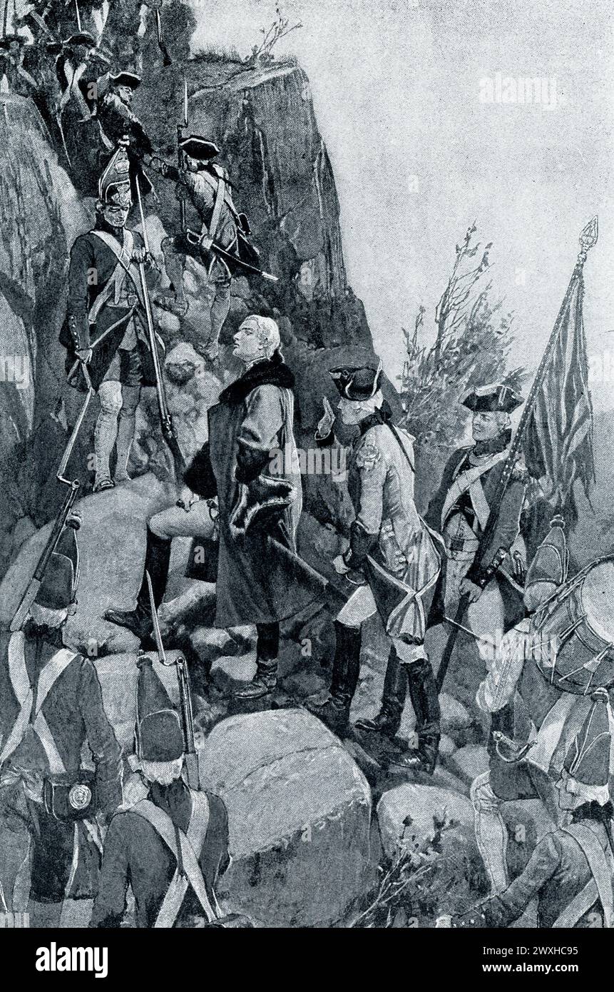 The early 1900s caption reads: "GENERAL WOLFE CLIMBING THE HEIGHTS OF ...