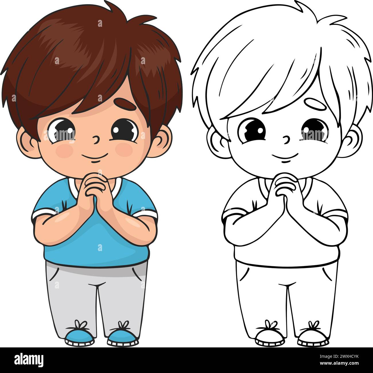 Praying little boy in full growth with folded hands in prayer. Isolated ...