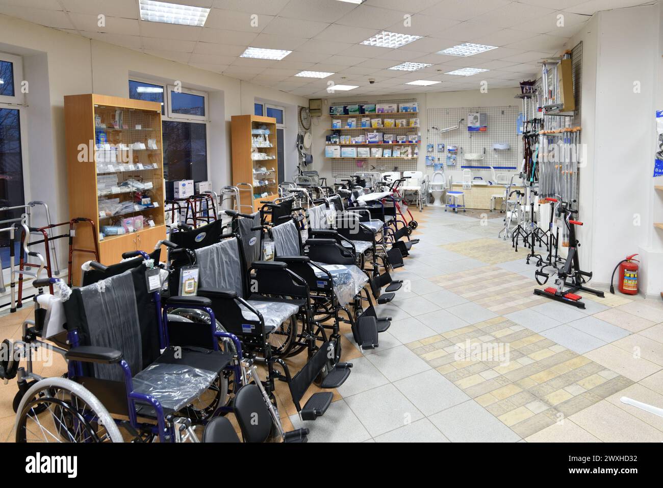 Moscow, Russia - Mar 28. 2024. Wheelchairs in the medical store in ...